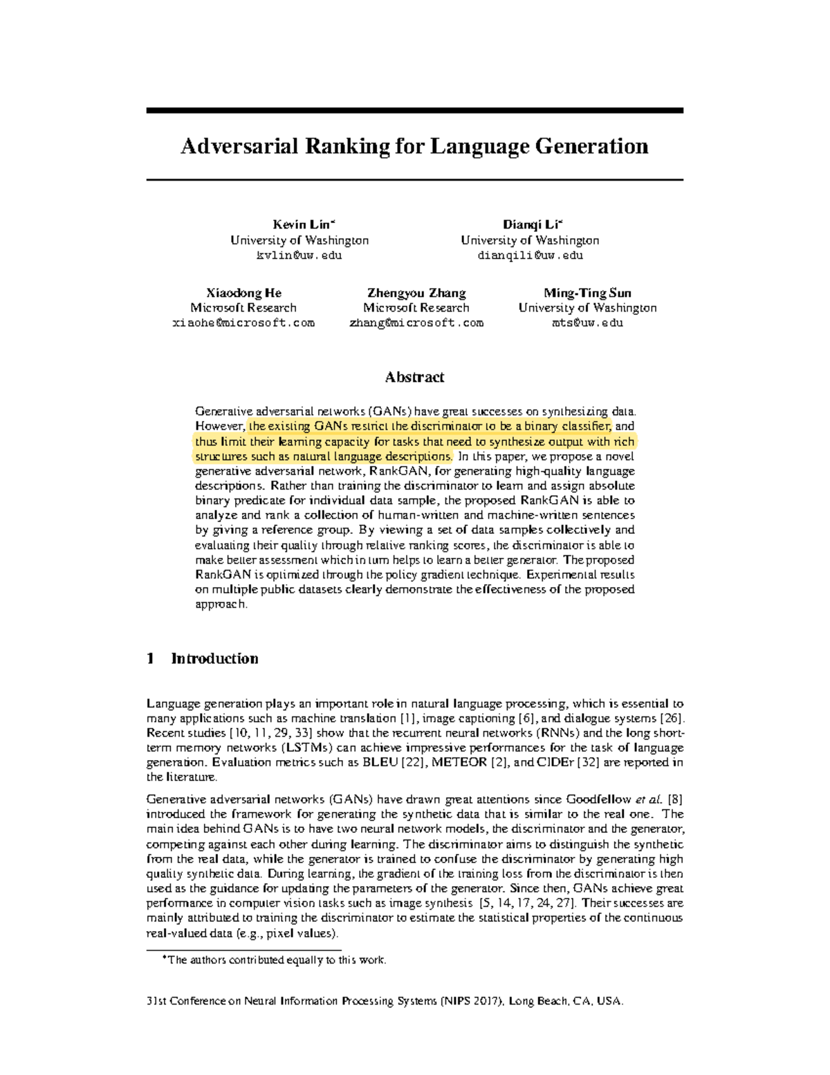 NIPS 2017 adversarial ranking for language generation Paper - Adversarial Ranking for Language ...