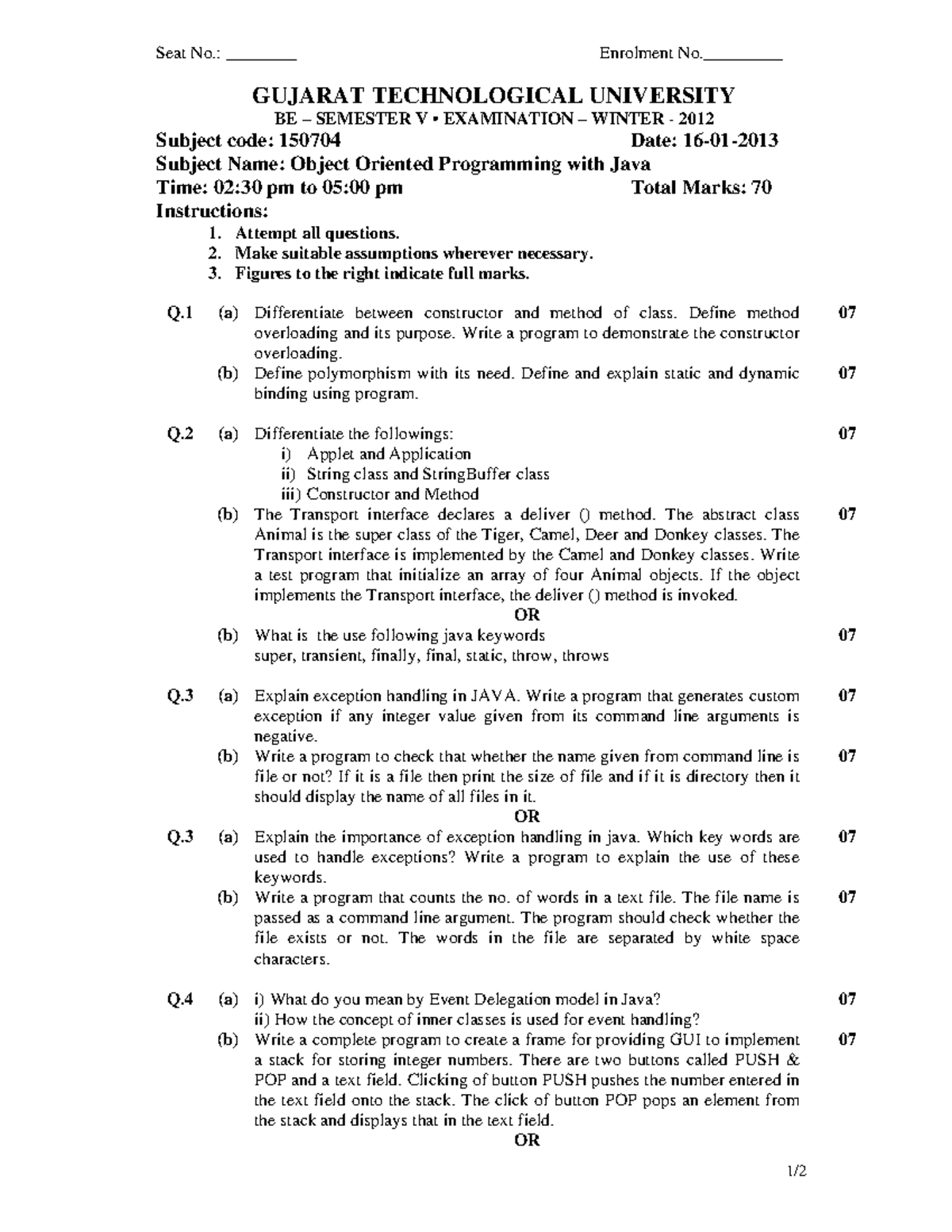 151212-150704-Object Oriented Programming With Java - 1/ Seat No.: ________ Enrolment No ...
