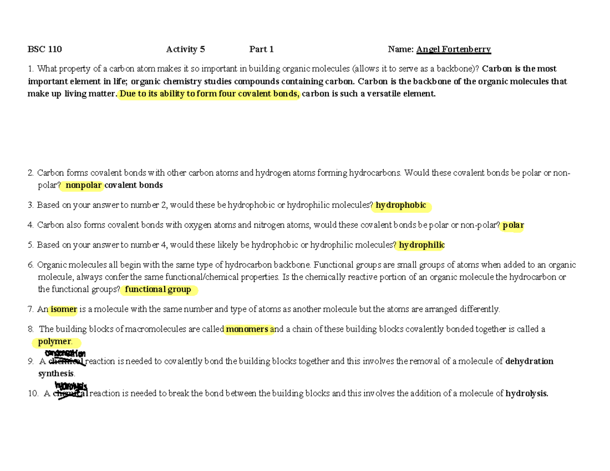 Activity 5 - Functional Groups - BSC 110 Activity 5 Part 1 Name: Angel ...