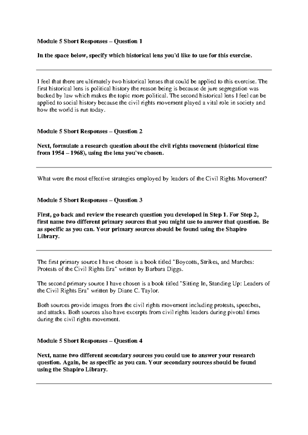 HIS 200 M5 - Module 5 questions - Module 5 Short Responses – Question 1 In the space below ...