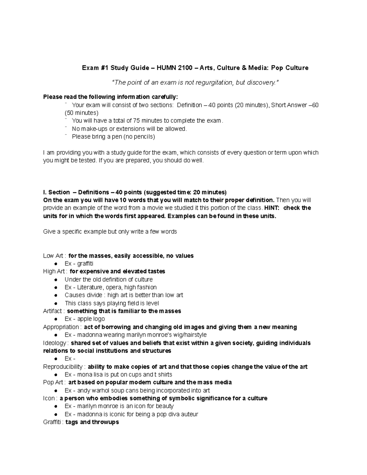 POP Culture Study Guide 1 - Exam #1 Study Guide – HUMN 2100 – Arts ...