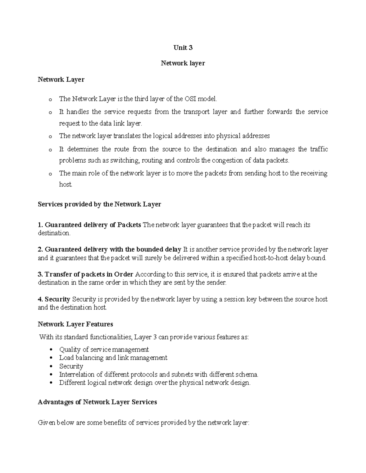 Cn notes 3 - Unit 3 Network layer Network Layer o The Network Layer is ...