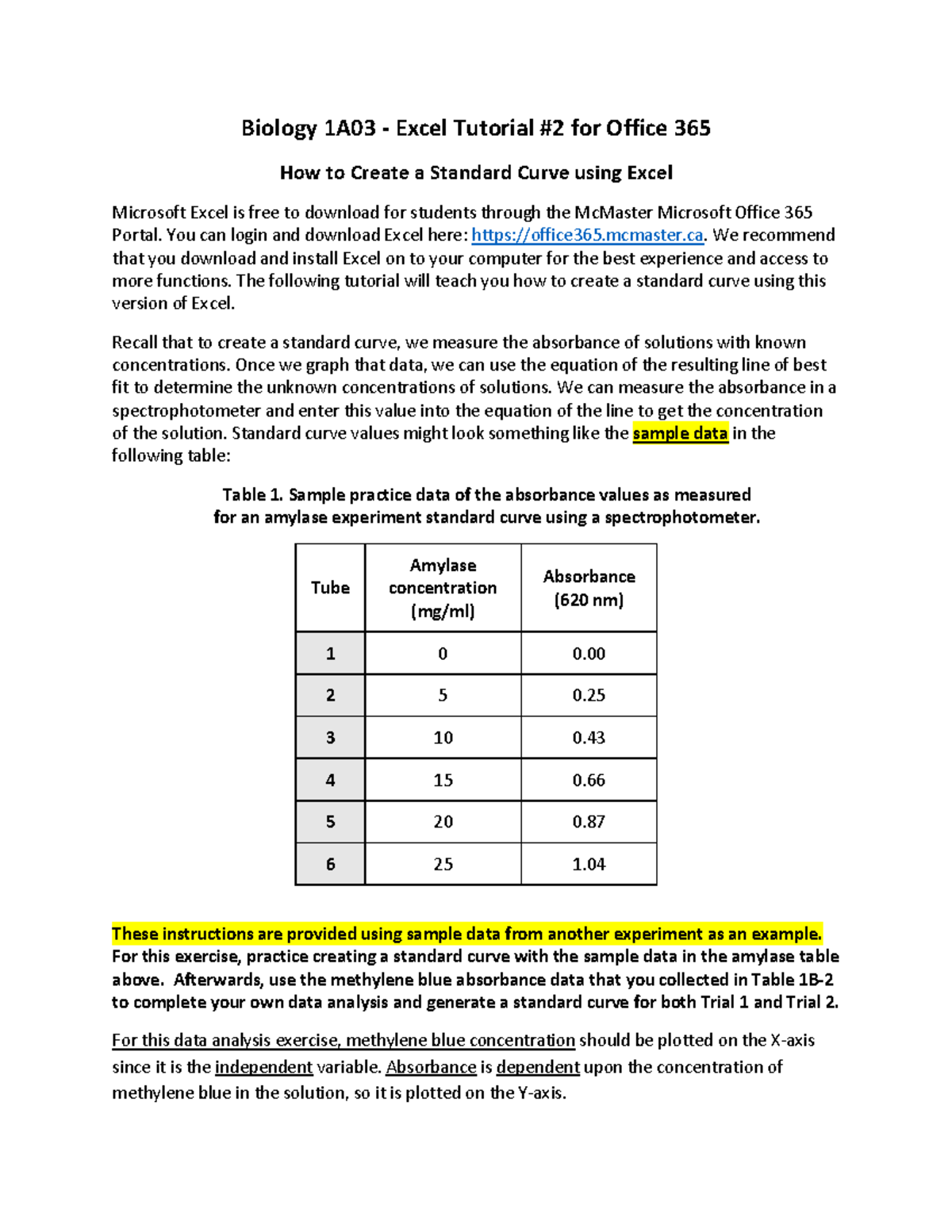 Bio1A03 Excel Tutorial 2 - Biology 1A03 - Excel Tutorial #2 for Office ...