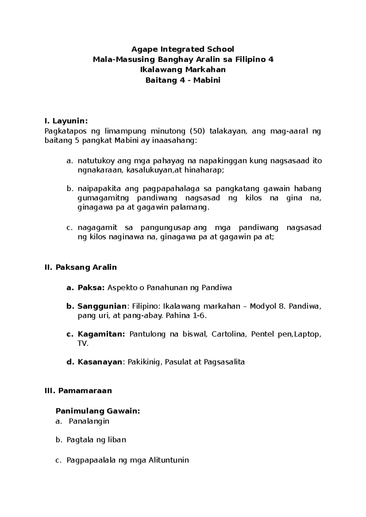 Filipino Lesson Plan - Agape Integrated School Mala-Masusing Banghay ...