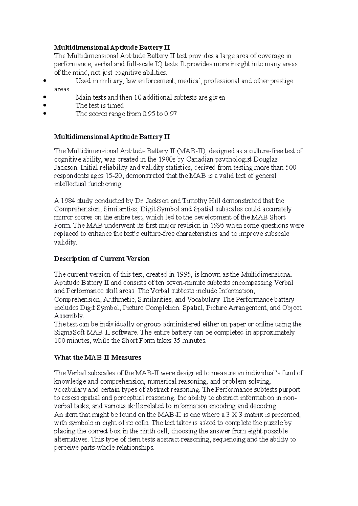 Multidimensional Aptitude Battery II - It provides more insight into ...