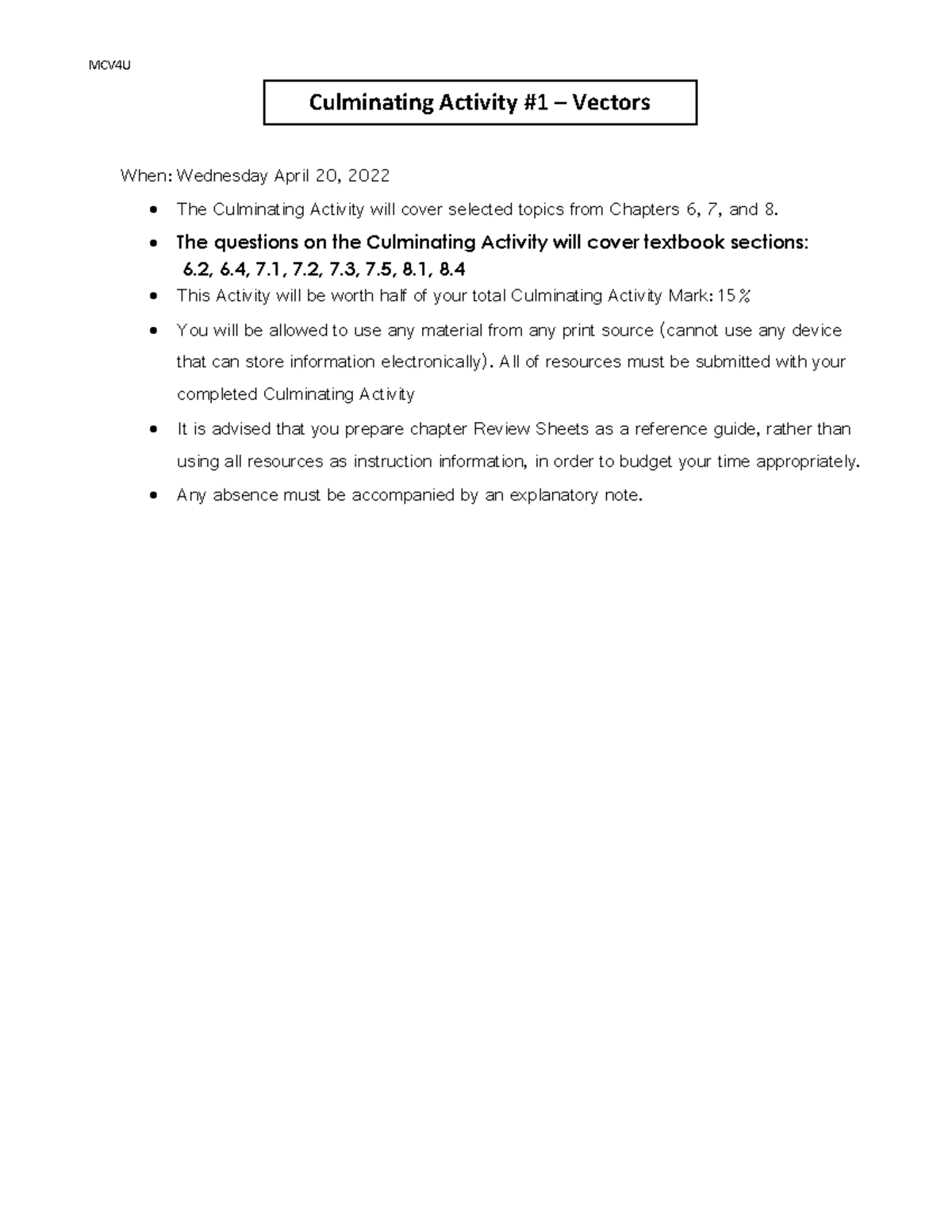 Culminating 1 Review - description - MCV4U When: Wednesday April 20 ...