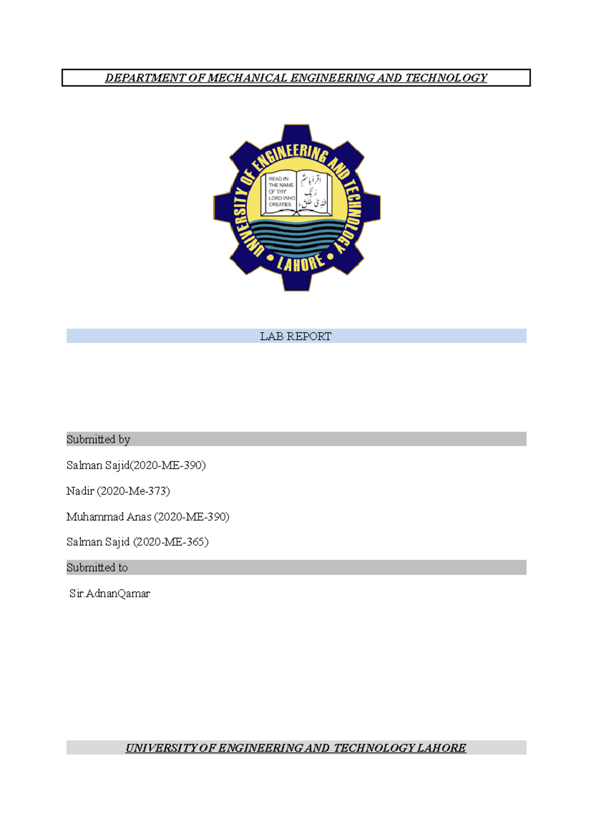 WP LAB Report - DEPARTMENT OF MECHANICAL ENGINEERING AND TECHNOLOGY LAB ...
