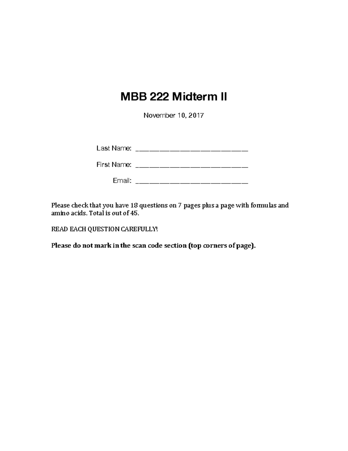 Midterm II November 2017, questions and answers - MBB 222 Midterm II ...