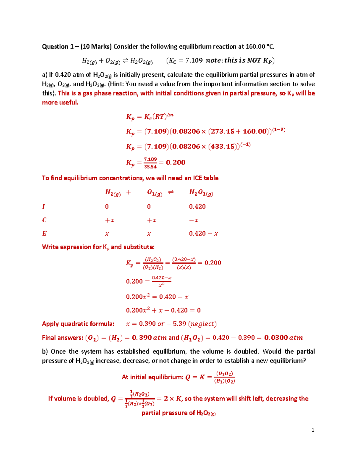 Practice Exam CHM110 - Question 1 – (10 Marks) Consider the following equilibrium reaction at ...