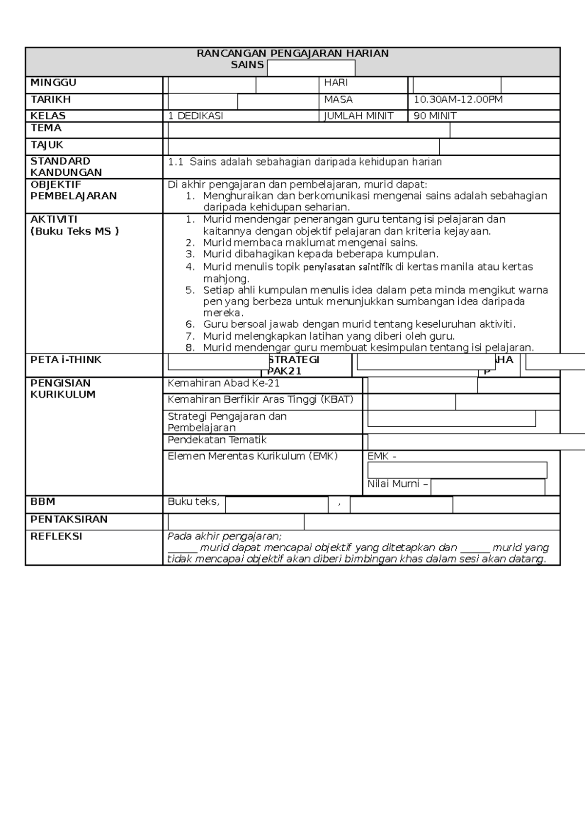 RPH Sains 1D M2 - RANCANGAN PENGAJARAN HARIAN SAINS MINGGU HARI TARIKH ...