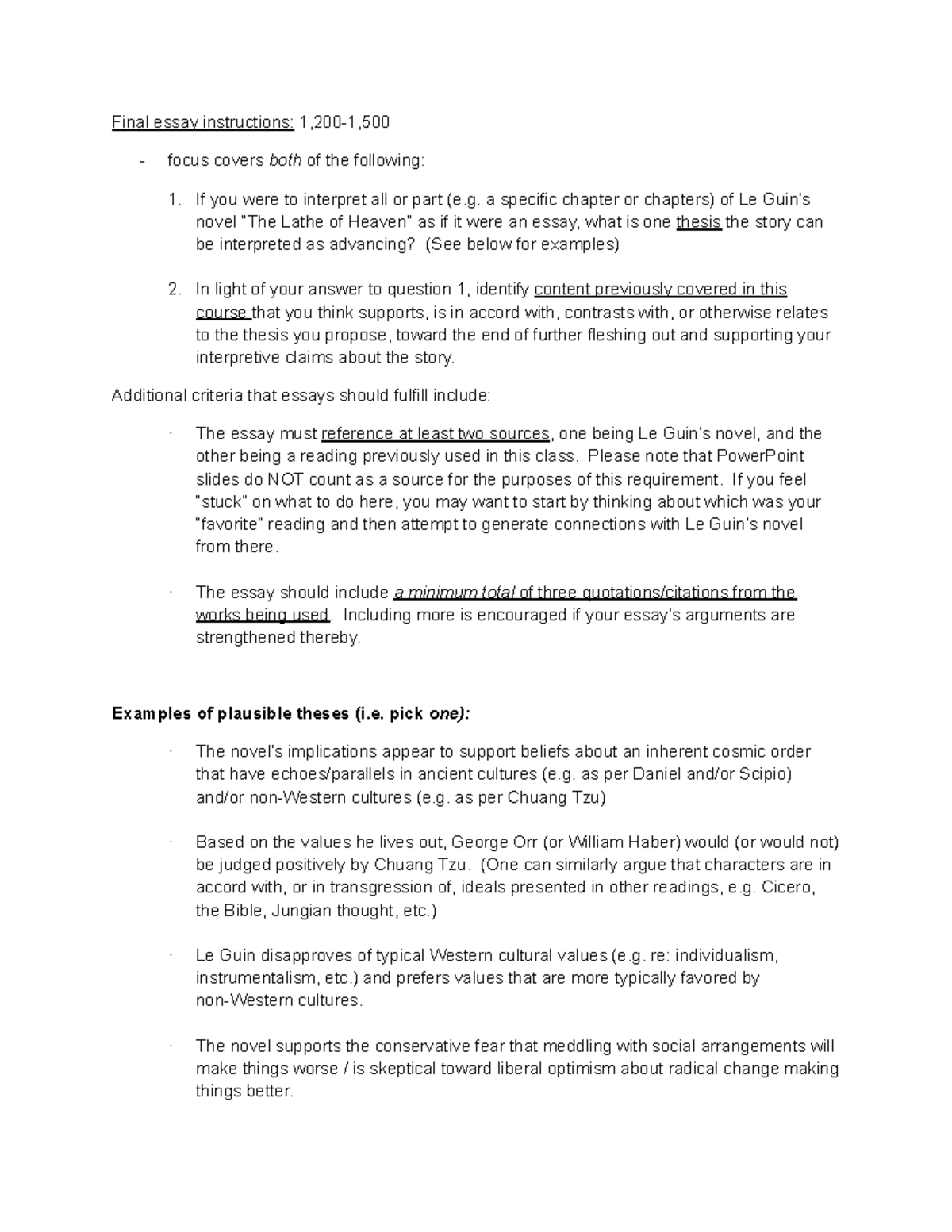 Final Essay instructions - a specific chapter or chapters) of Le Guin’s ...