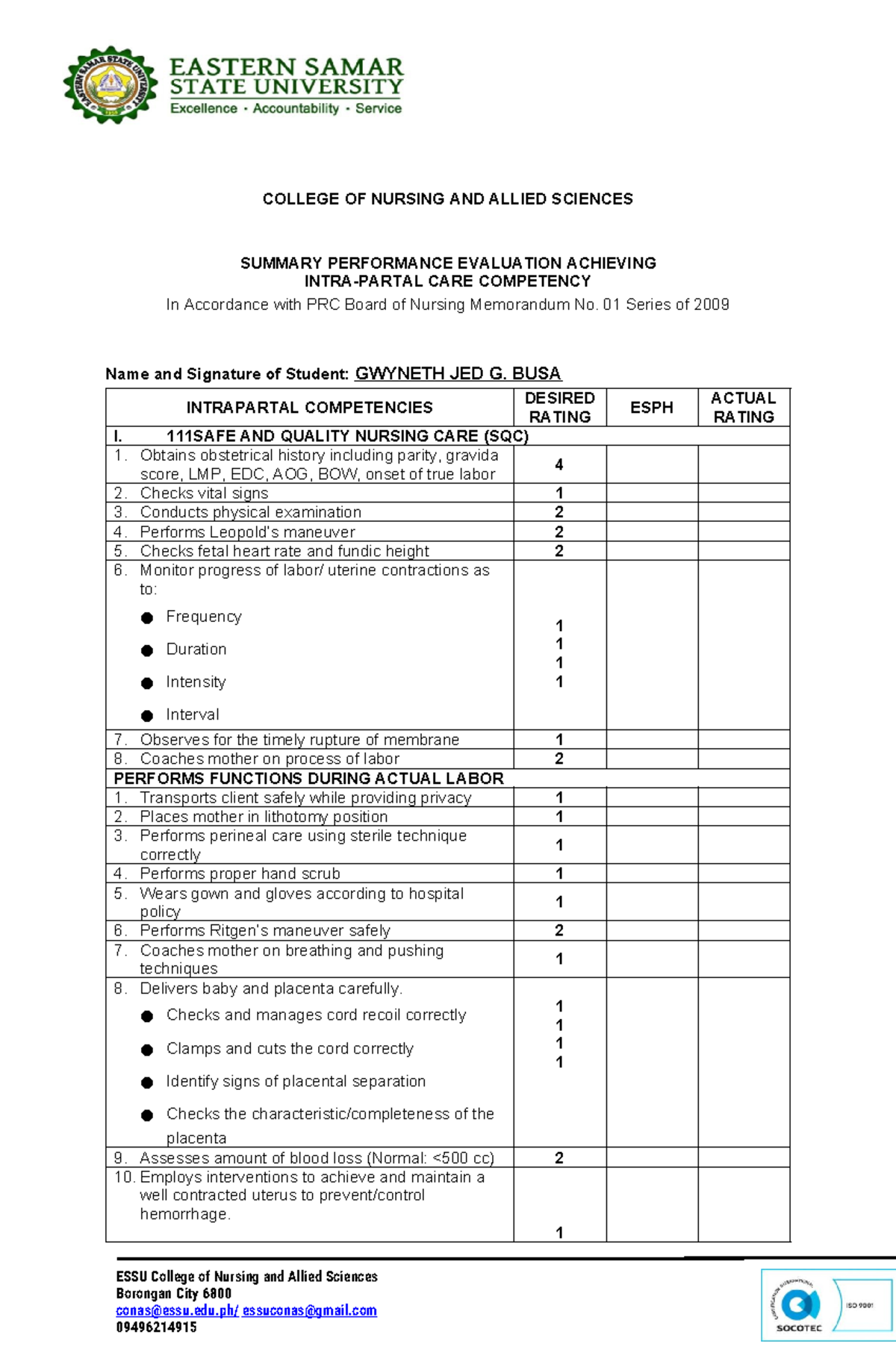 Summary Performance Evaluation Essu College Of Nursing And Allied