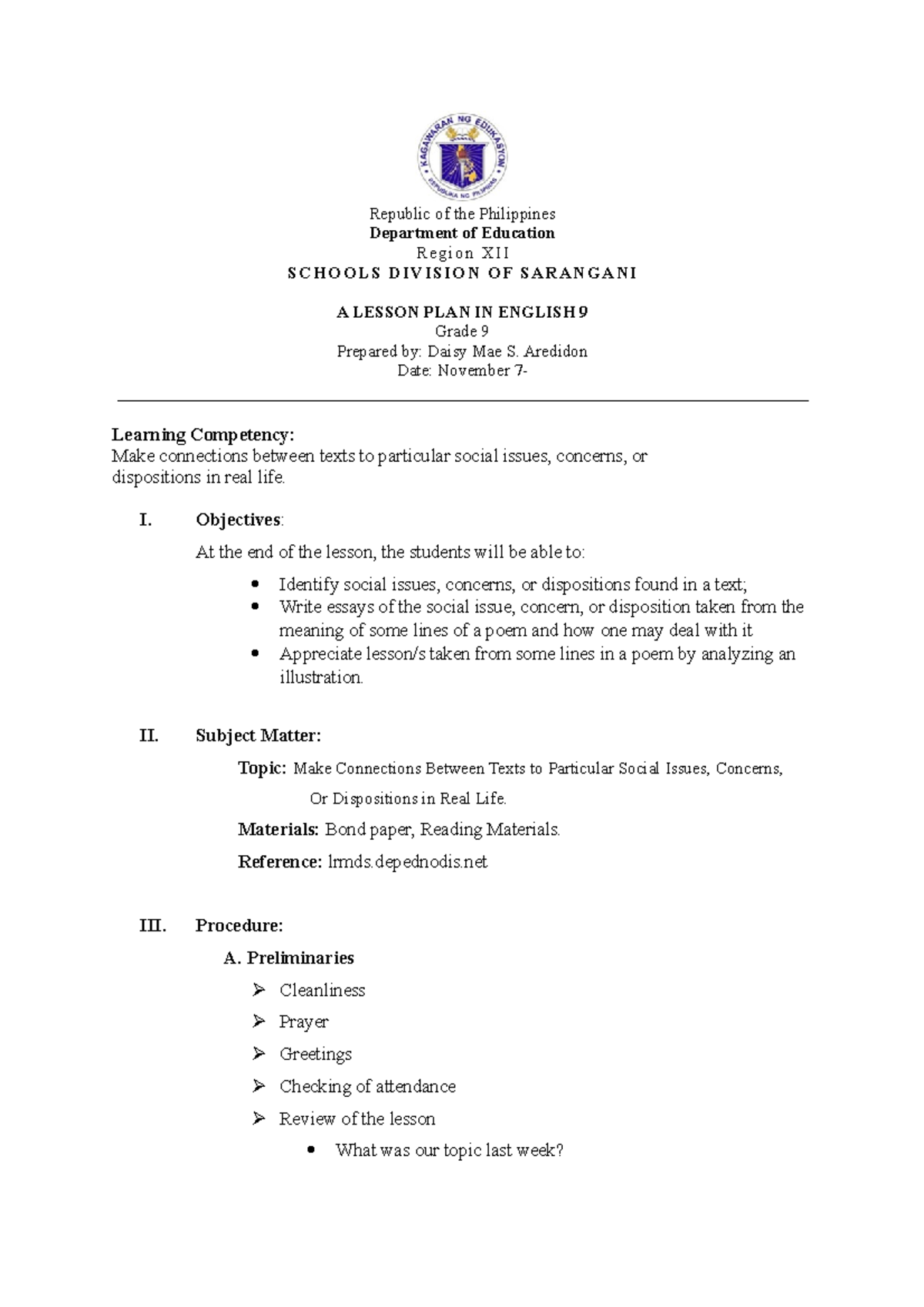 WEEK 1 - ENGLISH 9 LESSON PLAN 4'S - Republic of the Philippines ...