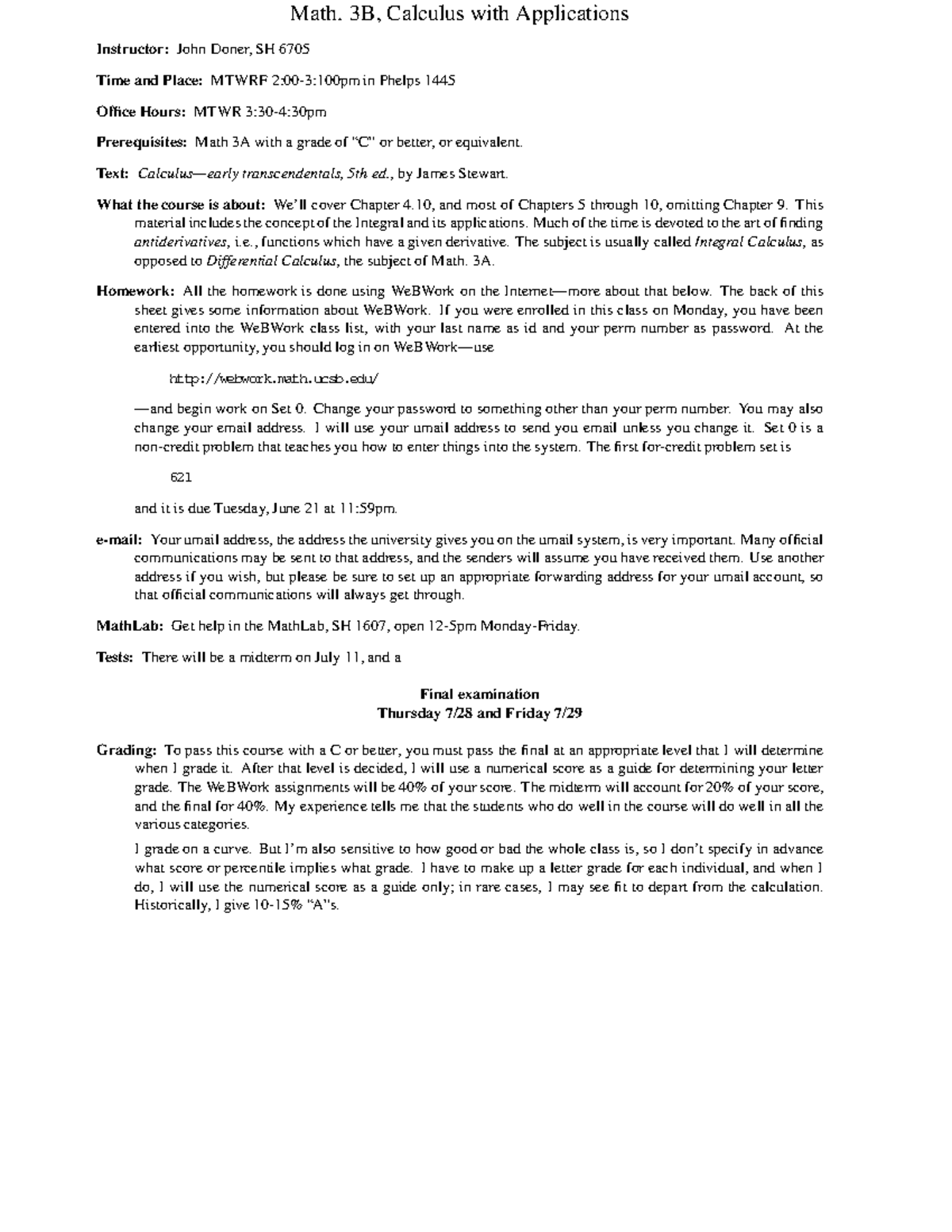 Syllabus - Math. 3B, Calculus with Applications Instructor: John Doner ...