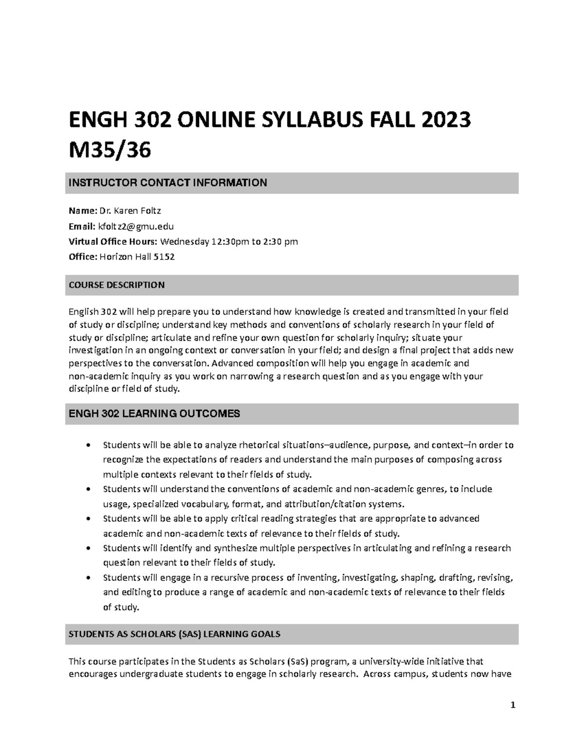 ENGH 302 - sdf - ENGH 302 ONLINE SYLLABUS FALL 2023 M35/ INSTRUCTOR ...