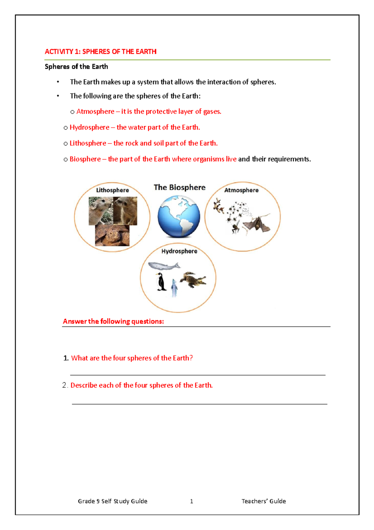 Earth and beyond - For Practise - ACTIVITY 1: SPHERES OF THE EARTH ...