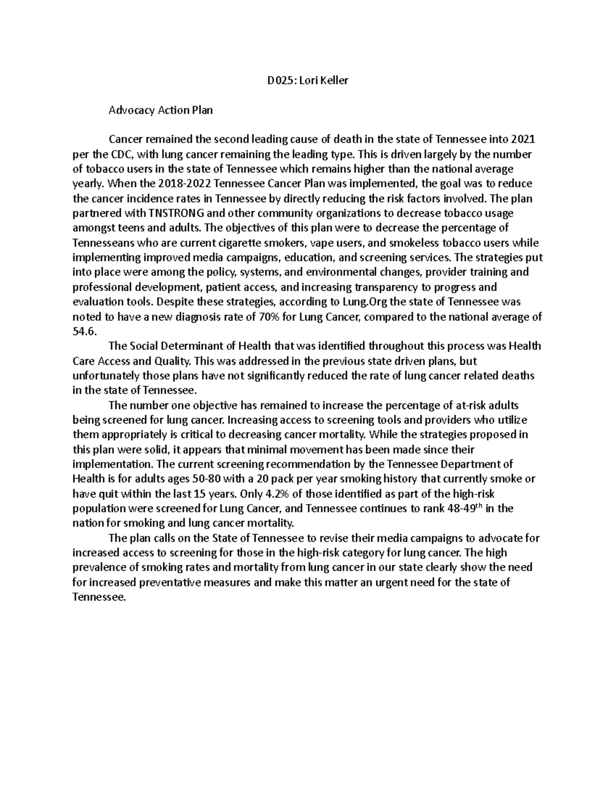 Advocacy Action Plan - D025: Lori Keller Advocacy Ac4on Plan Cancer ...