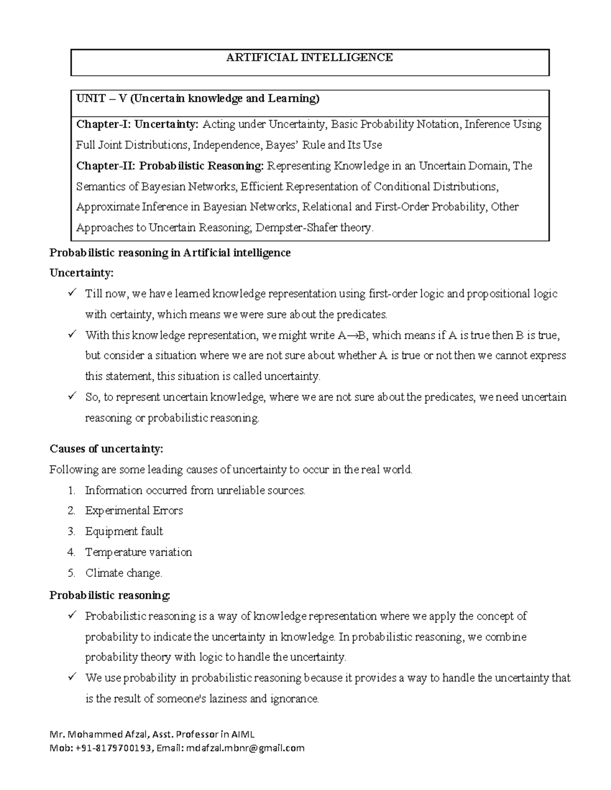 AI Unit-V Chapter-I - II Uncertainty- Probabilistic Reasoning - Mr. Mohammed Afzal, Asst ...