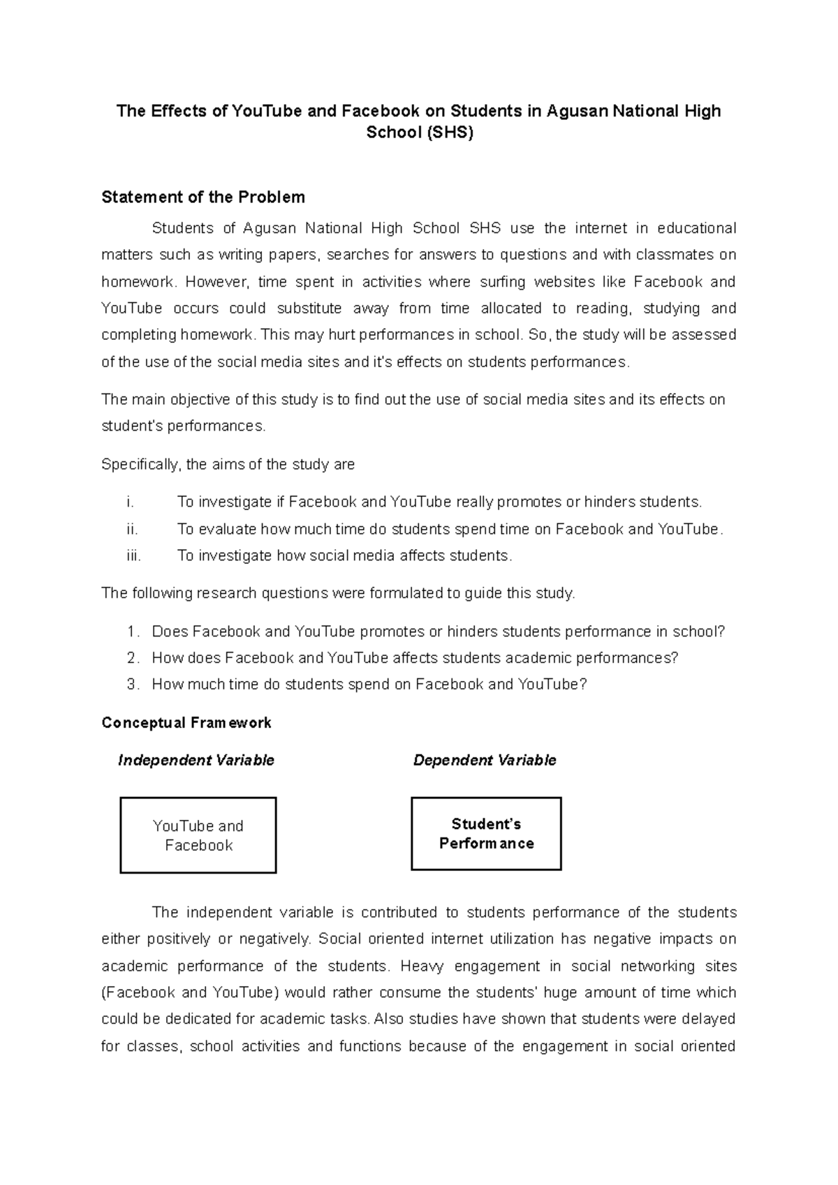 Research - The Effects of YouTube and Facebook on Students in Agusan ...