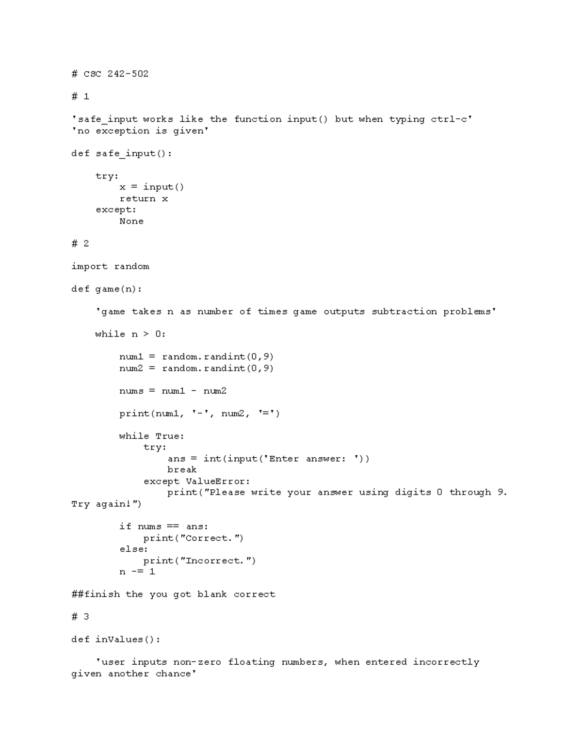 Hw 1 Homeworkassignment Csc 242 Python Csc 242 1 Safeinput Works Like The Function