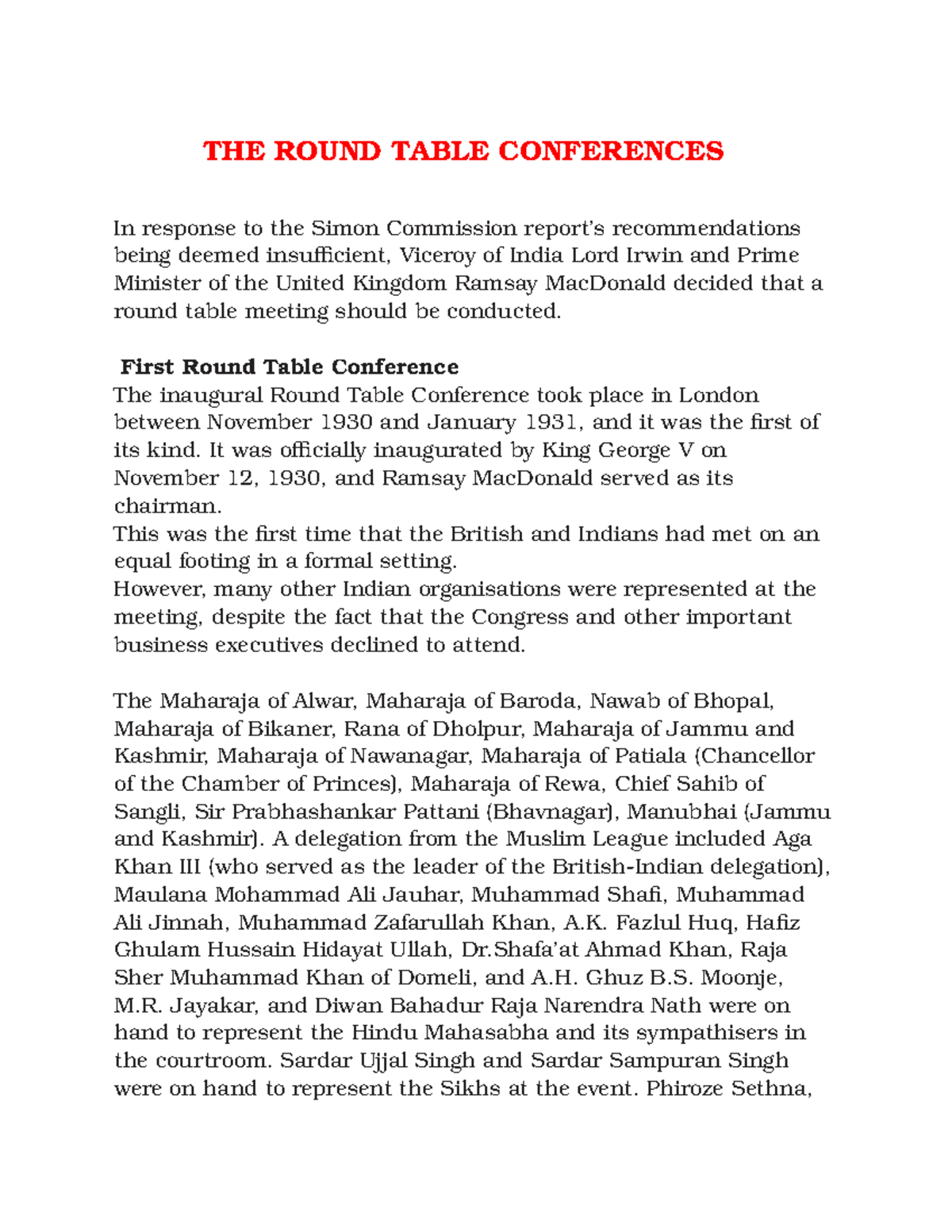THE Round Table Conferences - History of Modern India - Studocu