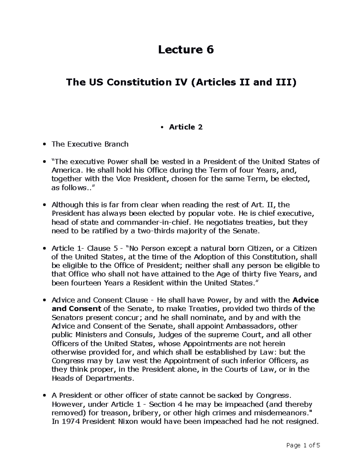 Lecture 6 Outline - The US Constitution IV (Art. II and III) - Lecture ...