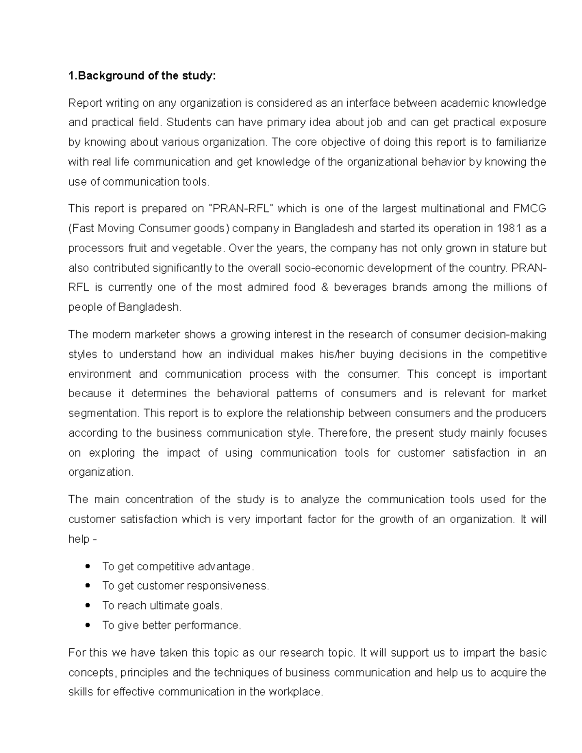 PRAN RFL Marketing 1 Of The Study Report Writing On Any Organization
