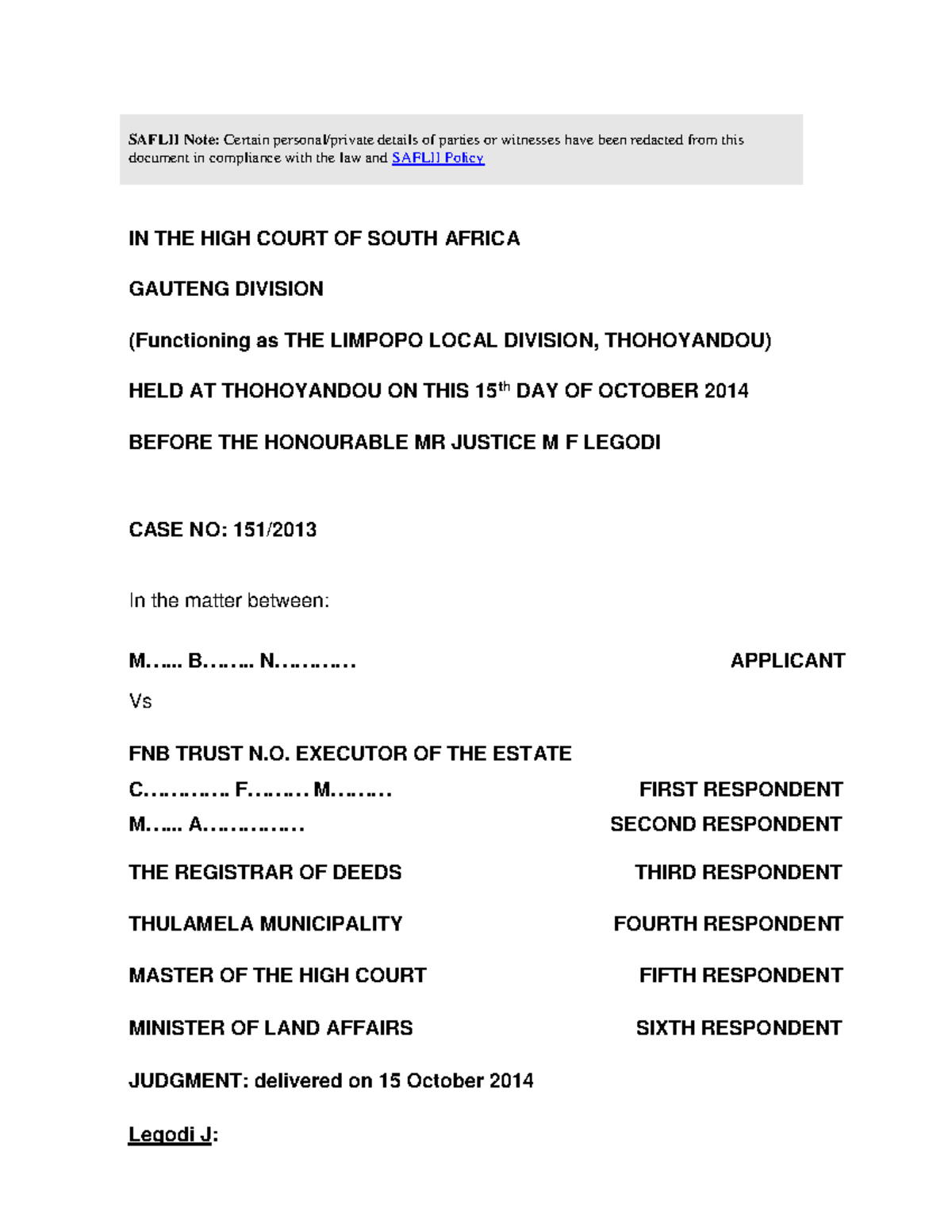 CASE LAW Mariage - CASE LAW - SAFLII Note: document in compliance with ...