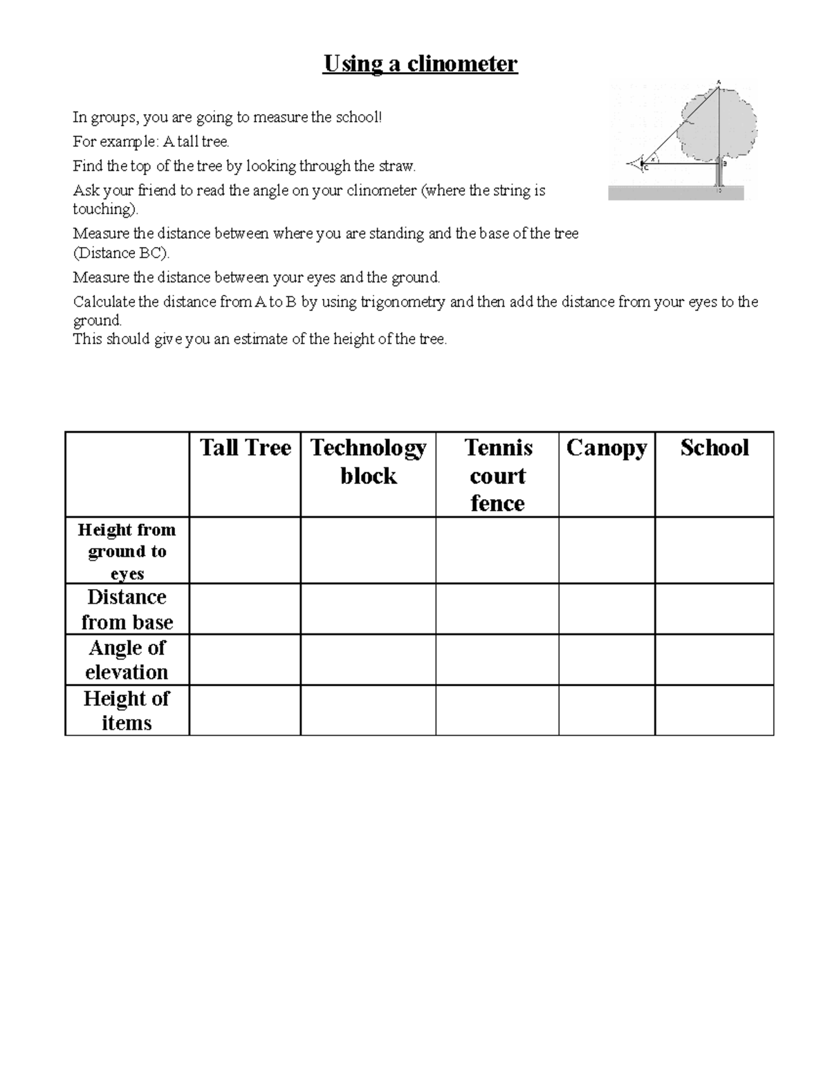 Using a clinometer - actividad practia - Using a clinometer In groups ...