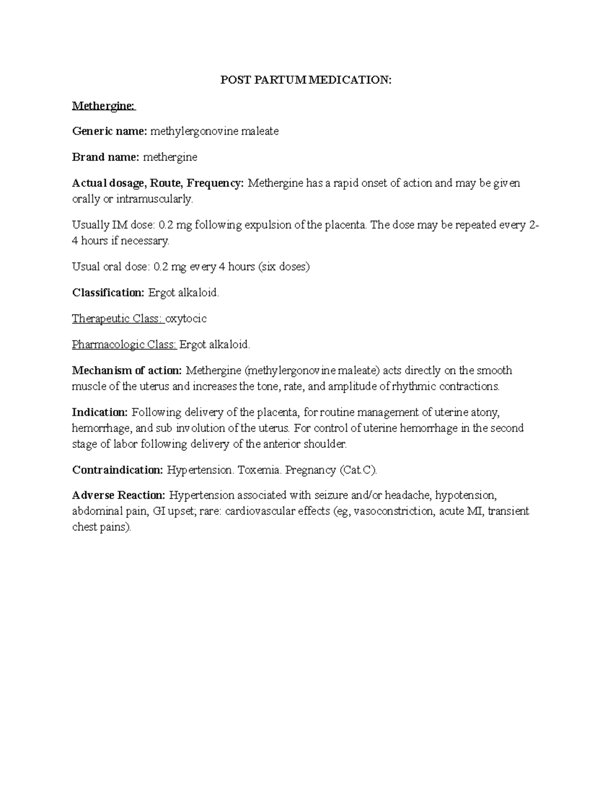 Drug Study Post Partum Medication (Pharma) - POST PARTUM MEDICATION ...