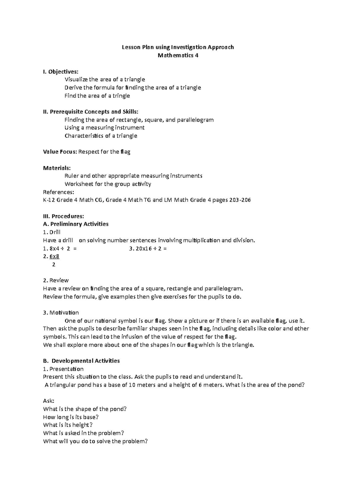 Lesson Plan using Investigation Approach Grade 4 - Lesson Plan using ...