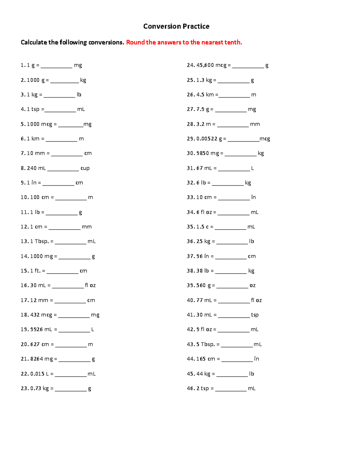 Dosage Calculations Practice Worksheet Conversion Practice Calculate