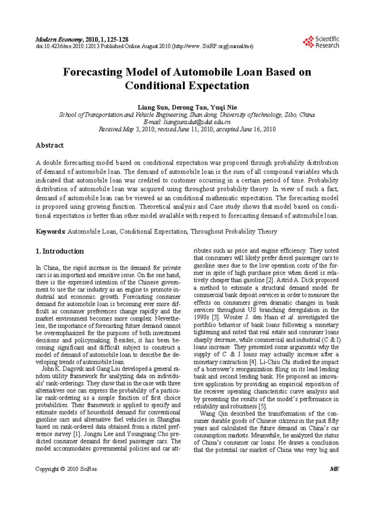 Forecasting Model Of Automobile Loan Based On Conditional Expectation