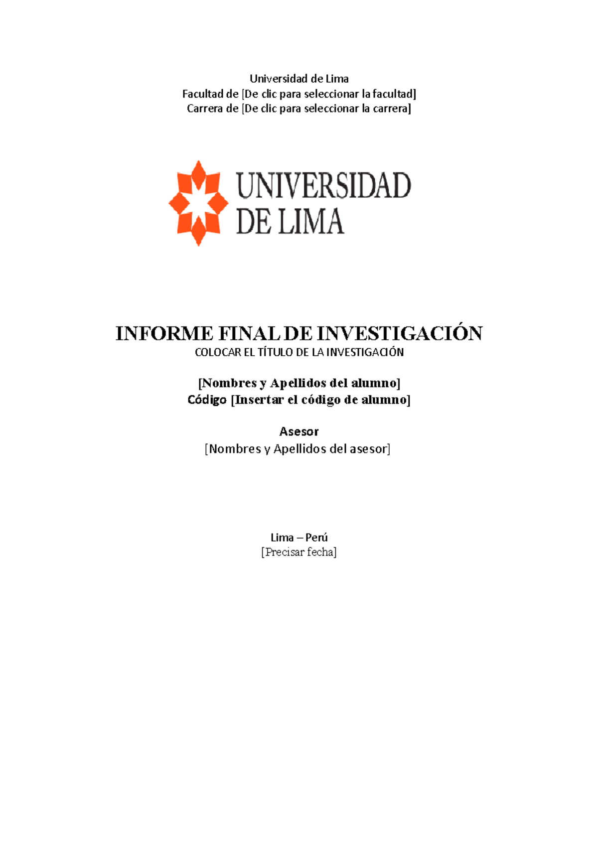 Plantilla Informe Final - Universidad de Lima Facultad de [De clic para seleccionar la facultad ...