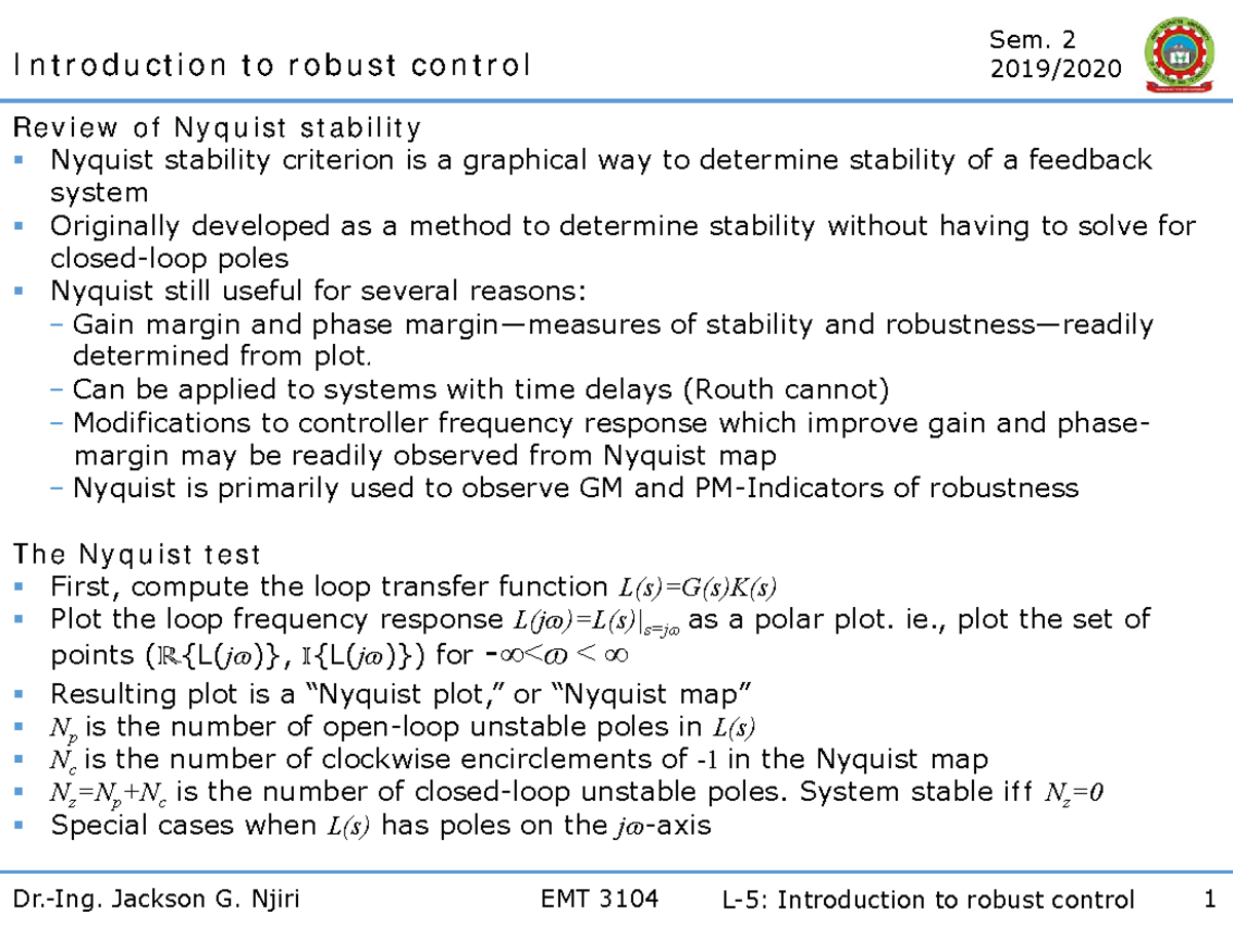 L-5 Introduction to robust control - 2019/ Re v i e w o f N y q u i st ...