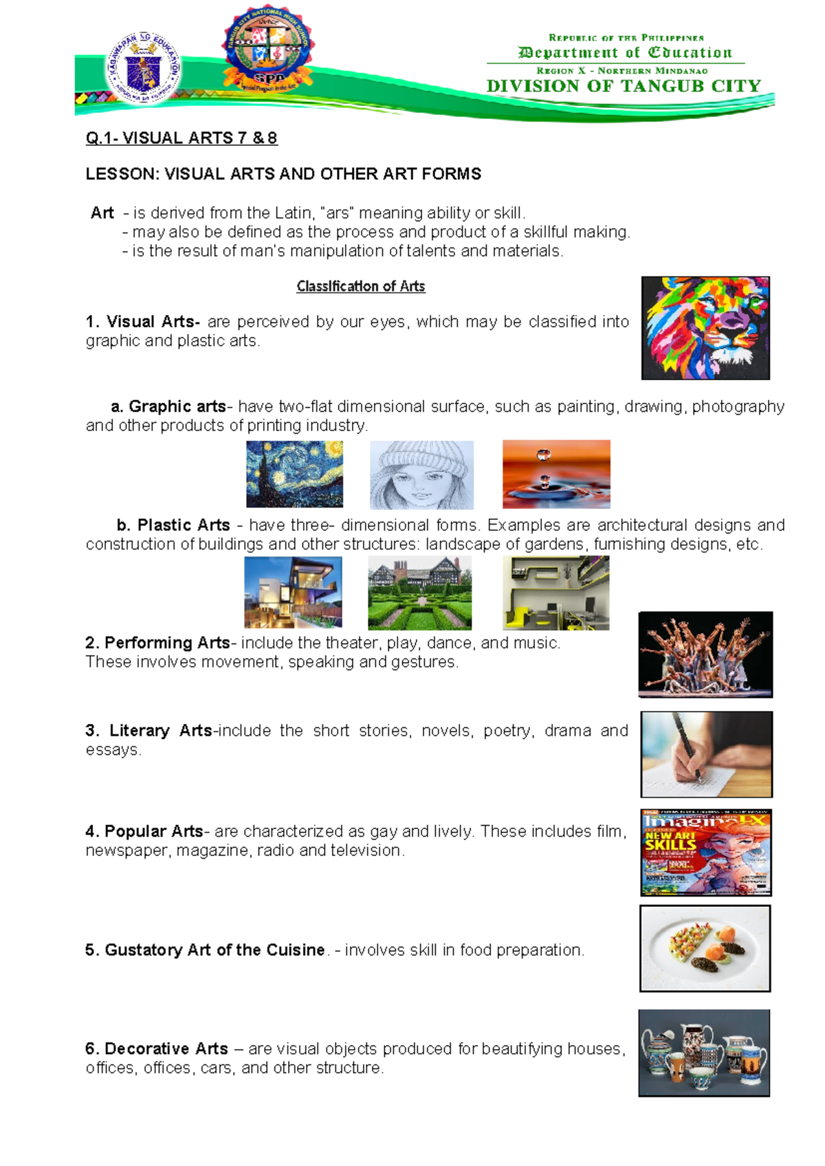 536142982 SPA Visual ARTS 7 8 W1 W8 - Q- VISUAL ARTS 7 & 8 LESSON ...