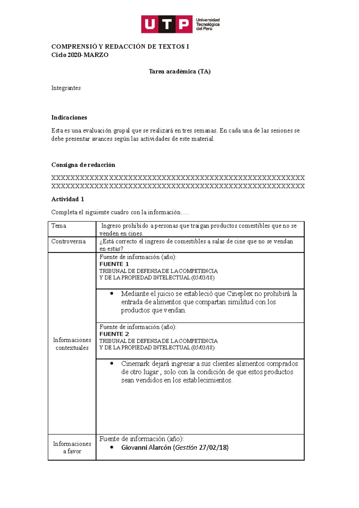 Tarea Grupal T1 - COMPRENSIÓ Y REDACCIÓN DE TEXTOS I Ciclo 2020-MARZO Tarea académica (TA) - Studocu