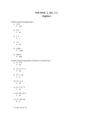 Module 1 Section 1 - homework - HW Mod. 2, Sec. 1. Algebra Express the following English phrase ...