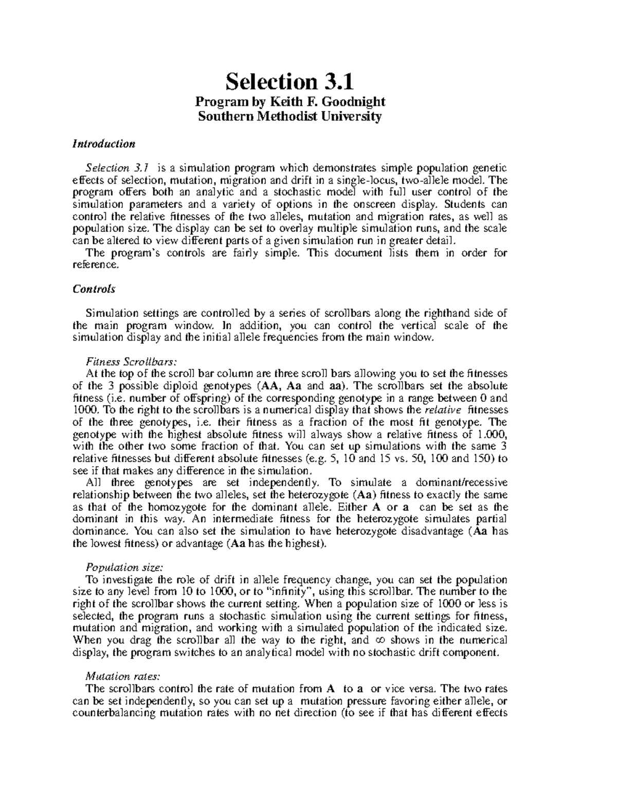 Selection Simulation Manual - Selection 3 Program Keith F. Goodnight ...