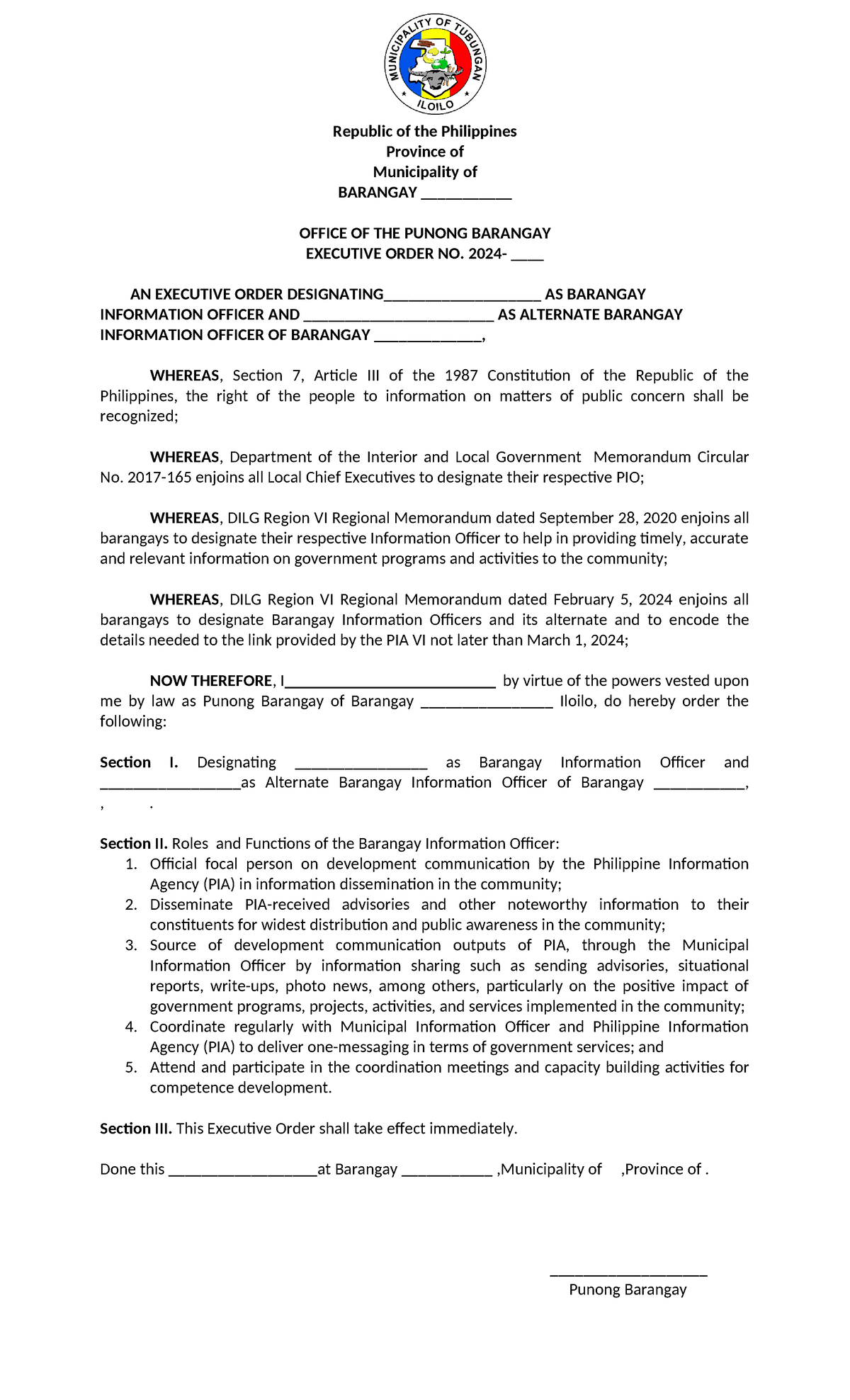 Executive Order on Barangay Information Officer - Republic of the ...