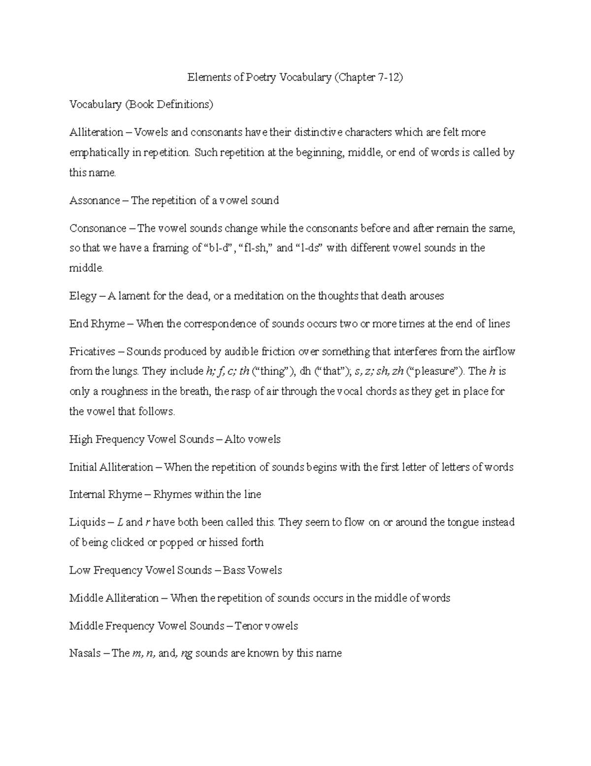 Chapter 7-12 Poetry Vocab - Elements of Poetry Vocabulary (Chapter 7-12 ...