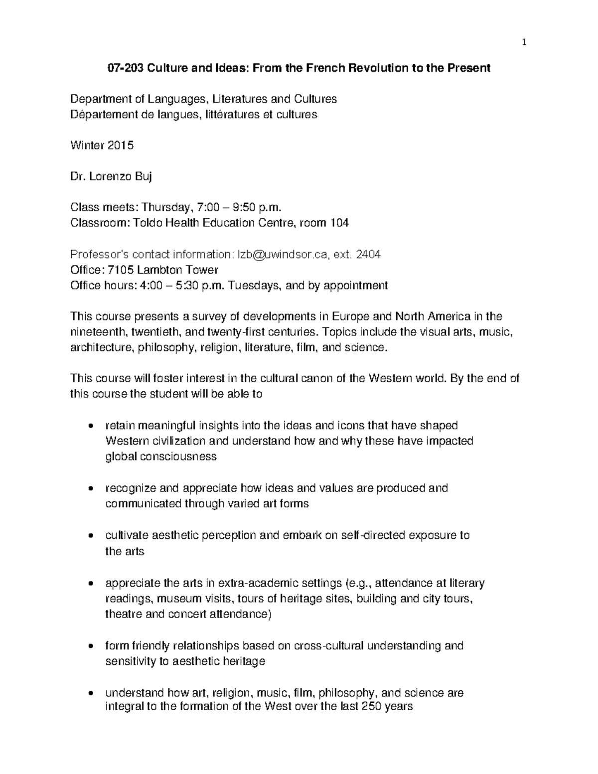 Syllabus - 1 07-203 Culture and Ideas: From the French Revolution to ...