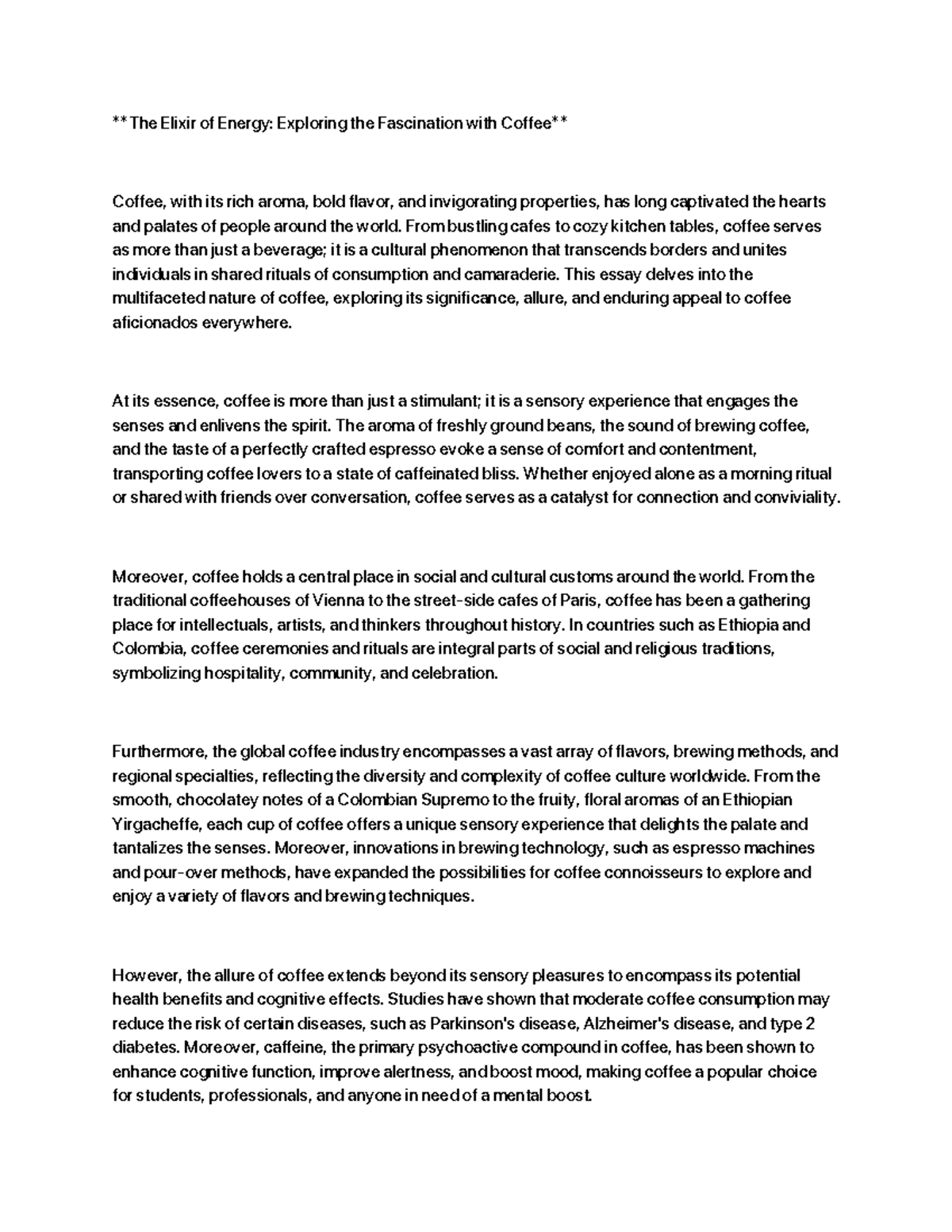 Coffee Essay - The Elixir of Energy: Exploring the Fascination with ...