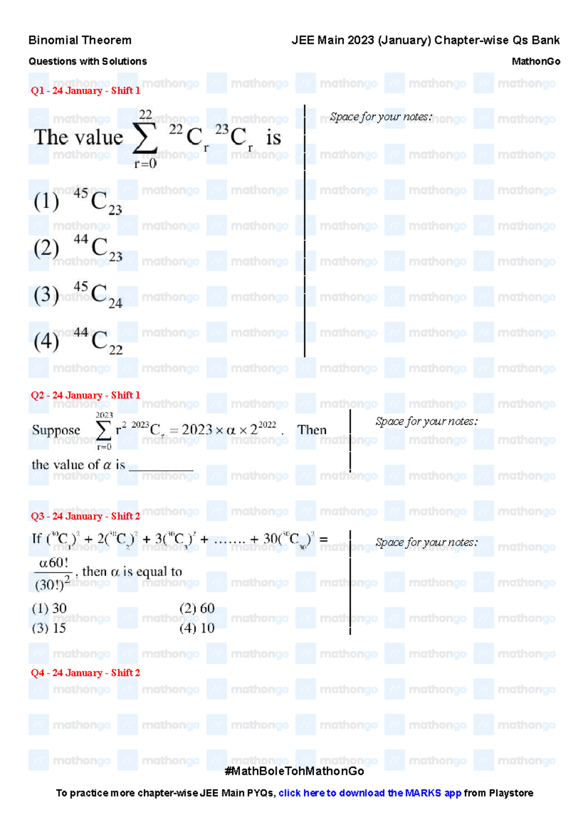 Binomial Theorem Jee Main 2023 January Chapter Wise Questions By Mathon Go Q1 24 January 