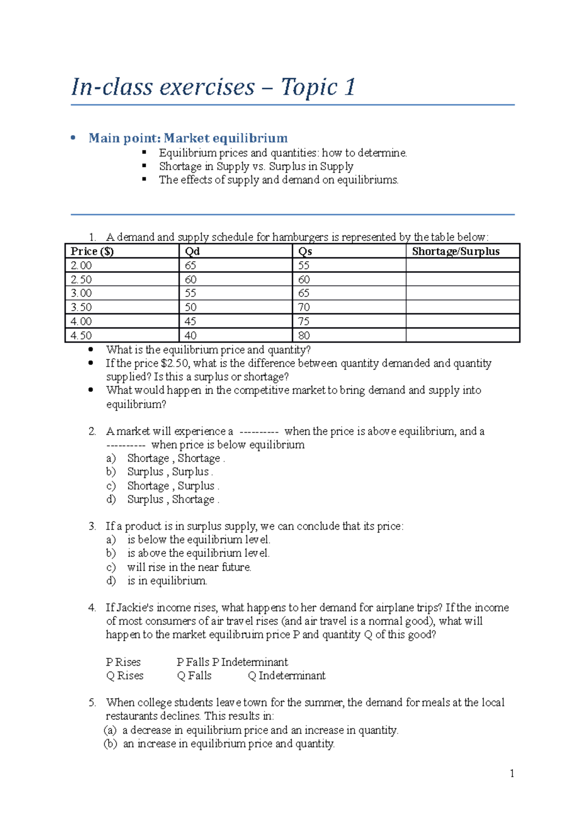 Topic 1 Inclass exercise 1 Market Equilibrium - In-class exercises ...