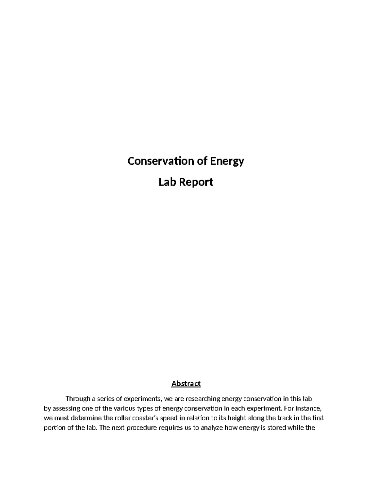 Lab Report Cons of Energy - Conservation of Energy Lab Report Abstract ...