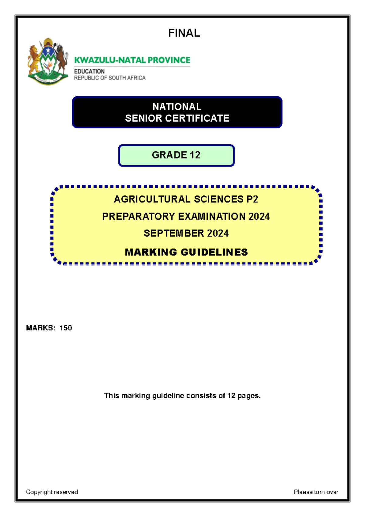 Agricultural Sciences P2 Grade 12 September 2024 MEMO Ammended - MARKS: 150 This marking ...