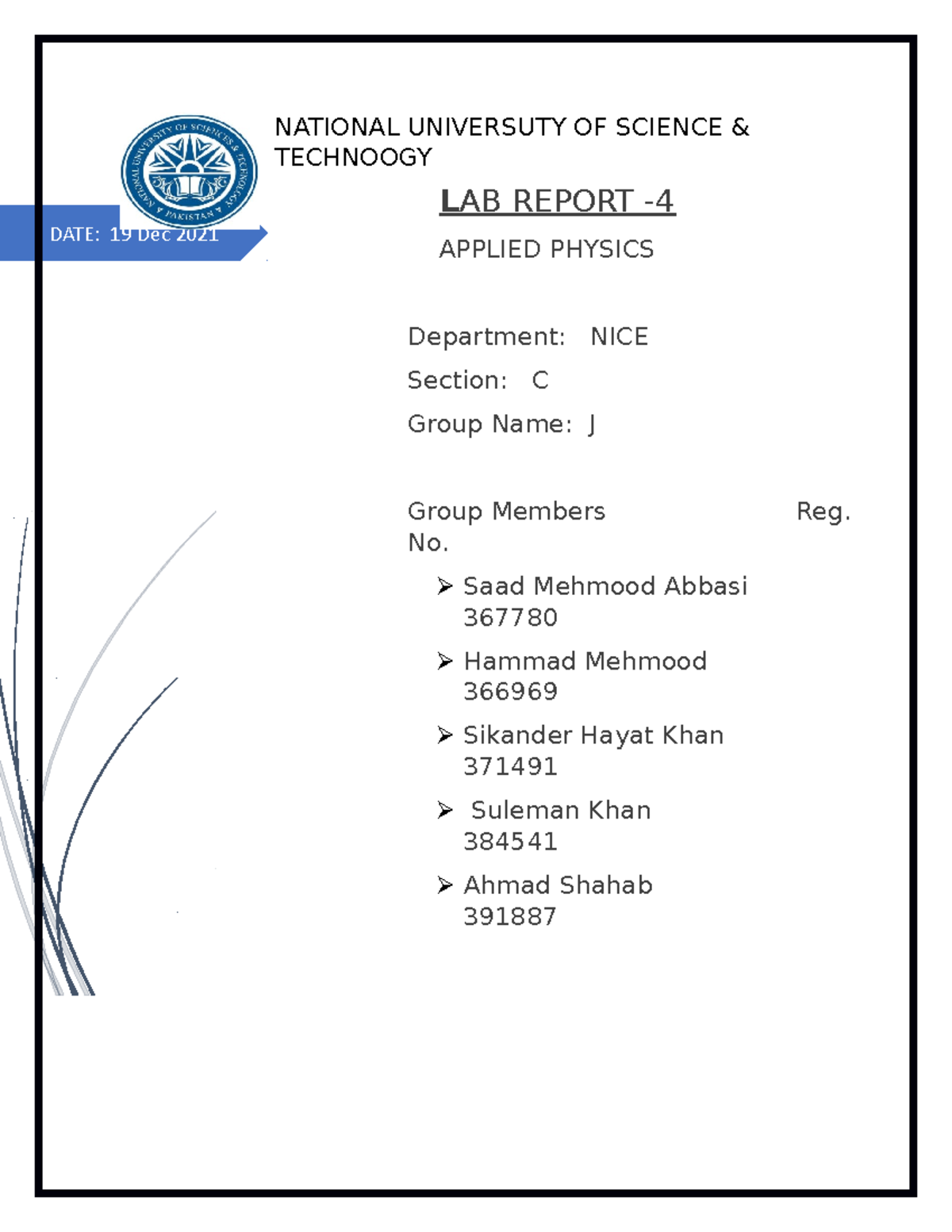 Lab report 4 compound pendulum experiment - DATE: 19 Dec 2021 NATIONAL ...