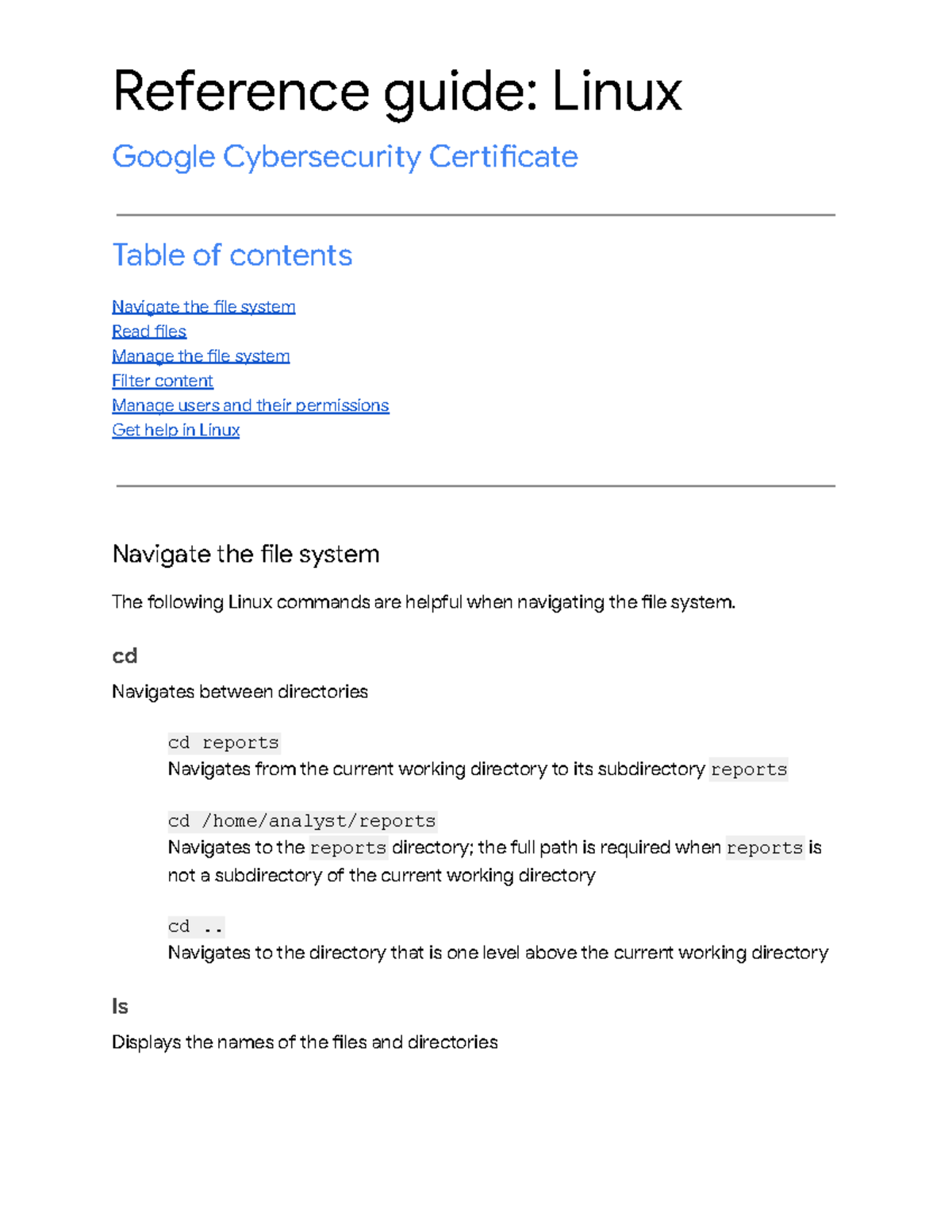 Reference guide Linux - Reference guide: Linux Google Cybersecurity ...