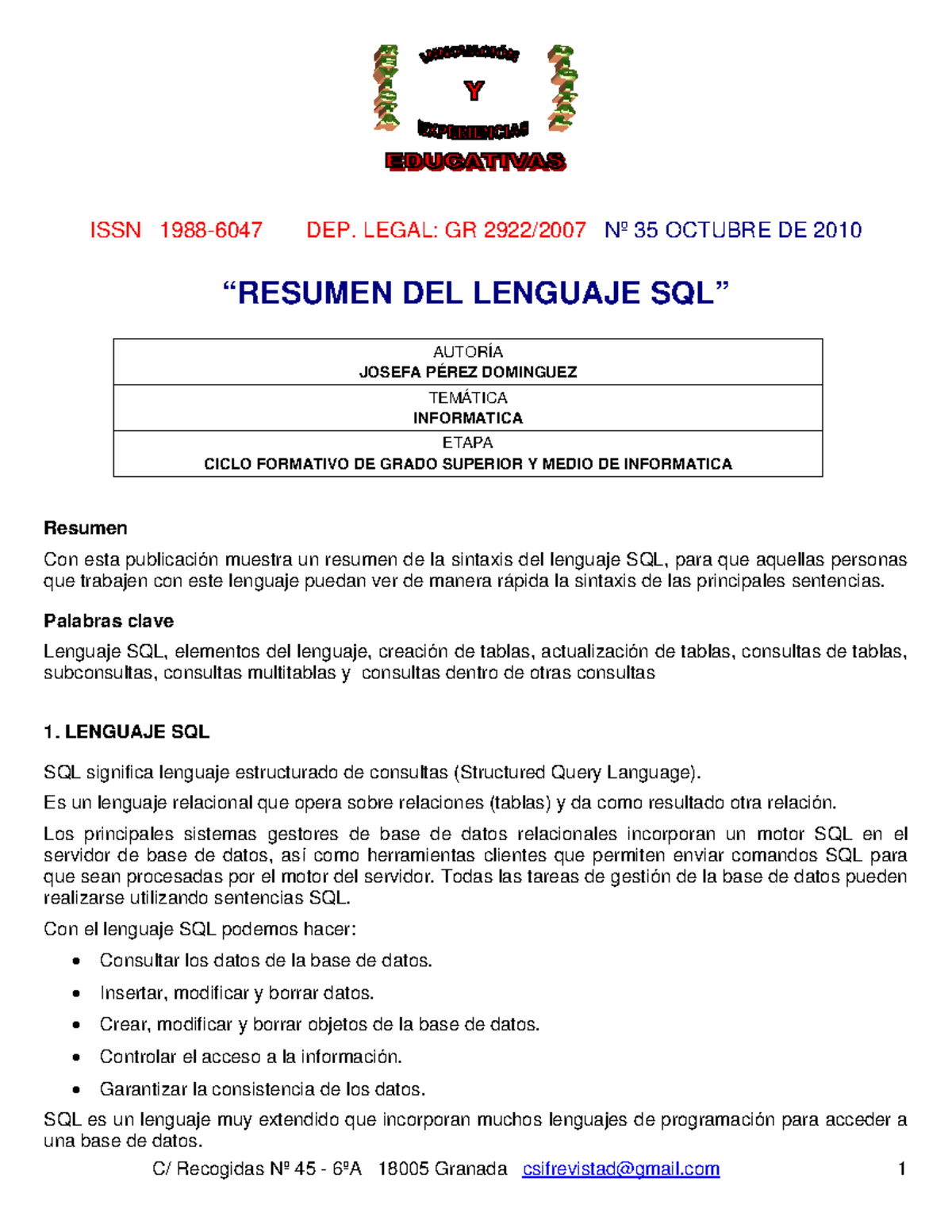 Resumen DEL Lenguaje SQL - “RESUMEN DEL LENGUAJE SQL” AUTORÍA JOSEFA ...